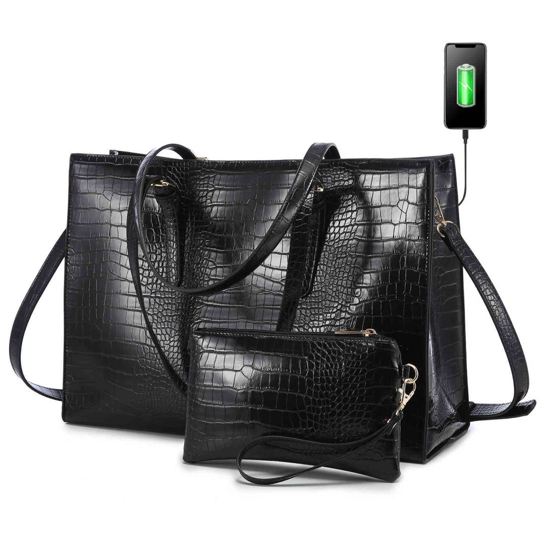 Black Crocodile Pattern Shoulder Bag - nsejt.mt